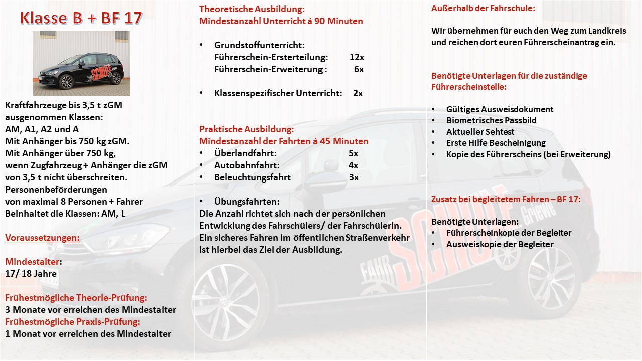 Klasse B, BF17, BE , B96 - Fahrschule Griewe